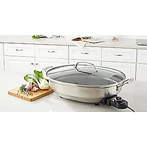 Cuisinart CSK-150 1500W Nonstick Electric Skillet Brushed Stainless Bundle with Cuisinart 12 Piece Ceramic Coated Cutlery Set, 3D Rome Cutting Board, Pair of Red Oven Mitt and Kitchen Timer