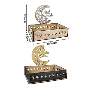 2PCS Ramadan Trays Decorations, Eid Mubarak Islamic DIY Wooden Serving Trays Breakfast Food Dessert Tray Muslim Gift for Home Table Party Supplies