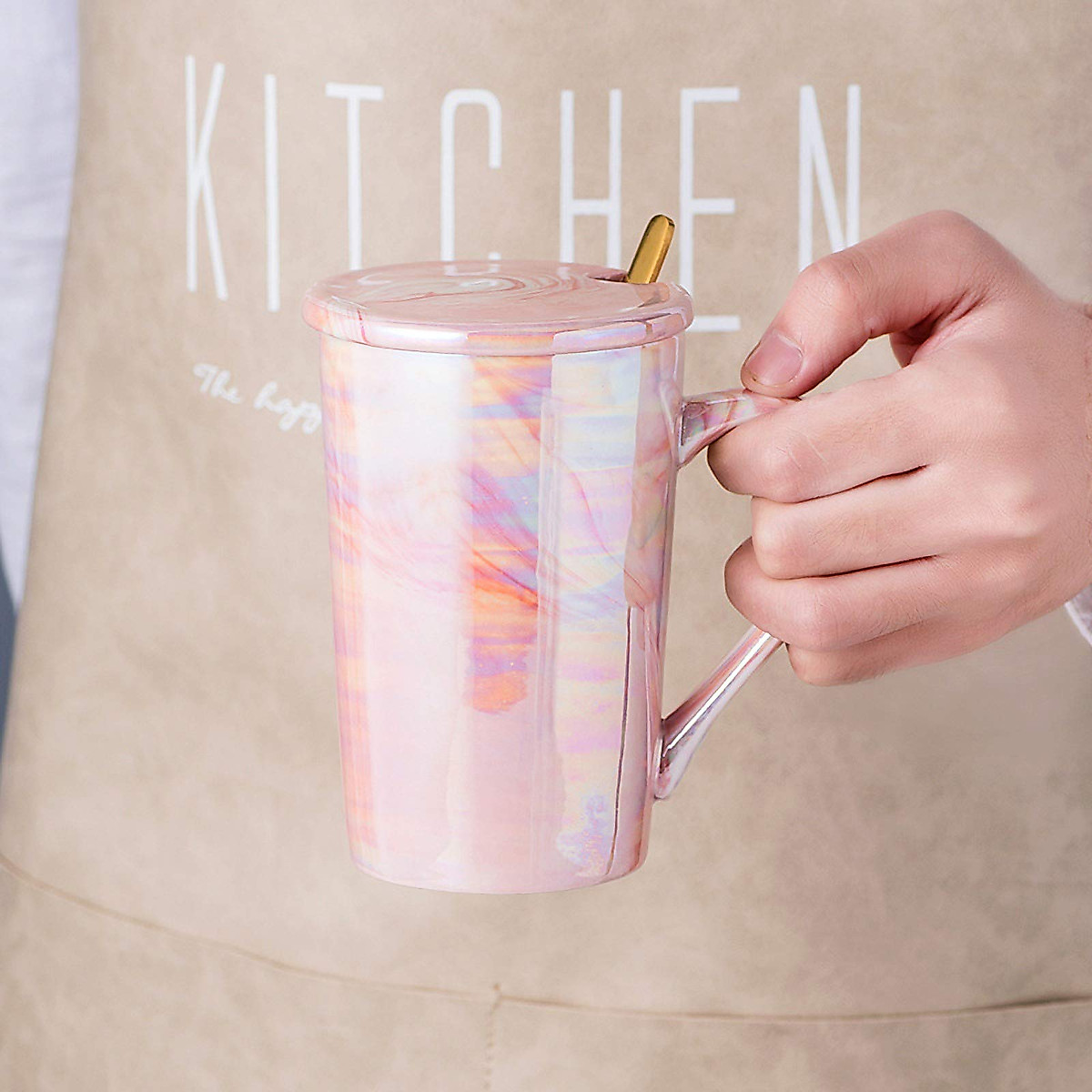 KEYIGOU 13.5oz Marble Coffee Mugs with Lid Gold Spoon Pearly Ceramic Tea Cup Cute Mugs for Women Mom Friend Gifts