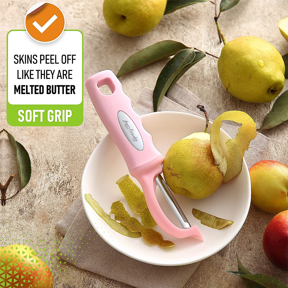 Spring Chef Premium Swivel Vegetable Peeler, Soft Grip Handle and Ultra Sharp Stainless Steel Blades - Perfect Kitchen Peeler For Veggie, Fruit, Potato, Carrot, Apple - Pink Lemonade