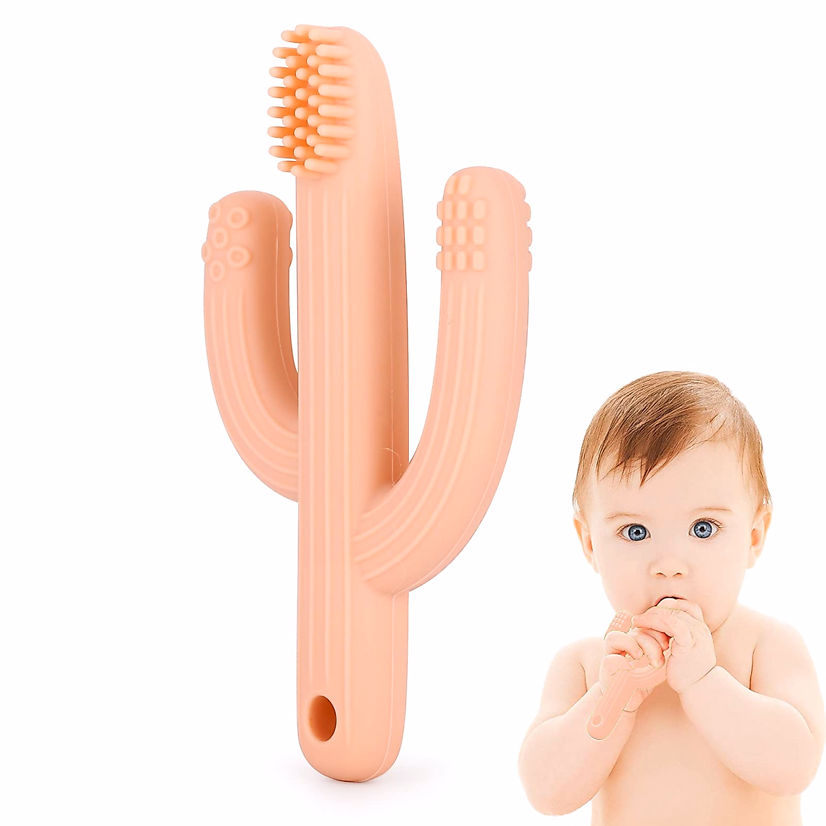 Cactus Teether, Baby Teething Toys for Babies 0-6 Months 6-12 Months, Self-Soothing Pain Relief Soft Baby Toothbrush for Babies, Toddlers, Infants, Boy and Girl, Natural Organic BPA Free(Peachy)