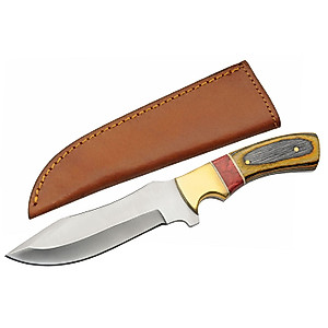 SZCO Supplies 9.5” Red Amber Wood/Brass Handled Outdoor Upsweep Hunting Knife With Sheath,203449-AM