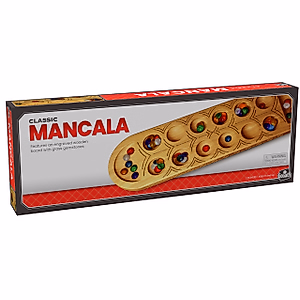 Classic Mancala Game - Features A Full-Sized, Solid Wooden Board with Exquisite Detail Stones by Pressman For 2 Players