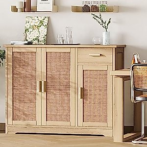 Irontar Kitchen Storage Cabinet, Sideboard Buffet Cabinet with Rattan Decorated Doors, Farmhouse Console Table with Drawer, Coffee Bar, Accent Table for Kitchen, Living Room, Hallway, Natural CWG010M