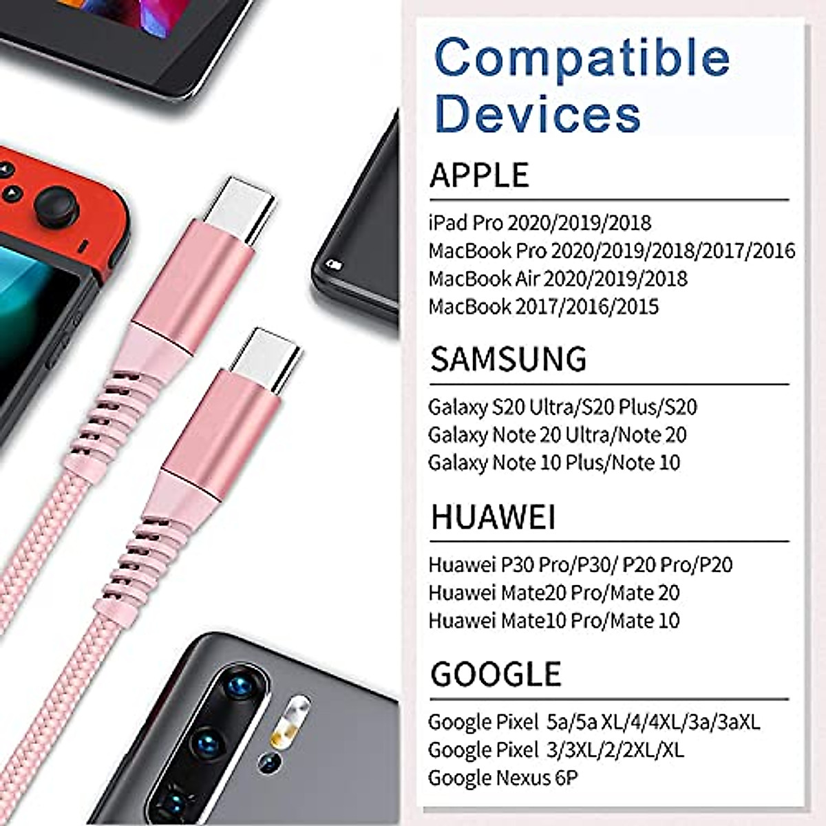 USB C to USB C Cable 2Pack 6FT USB C to C Cable 60W Fast Charging Cable Type C to Type C Cable for Samsung Galaxy S21/S20/Note20, MacBook Air/Pro, iPad Pro 2020/2018, iPad Air 4, Galaxy, etc