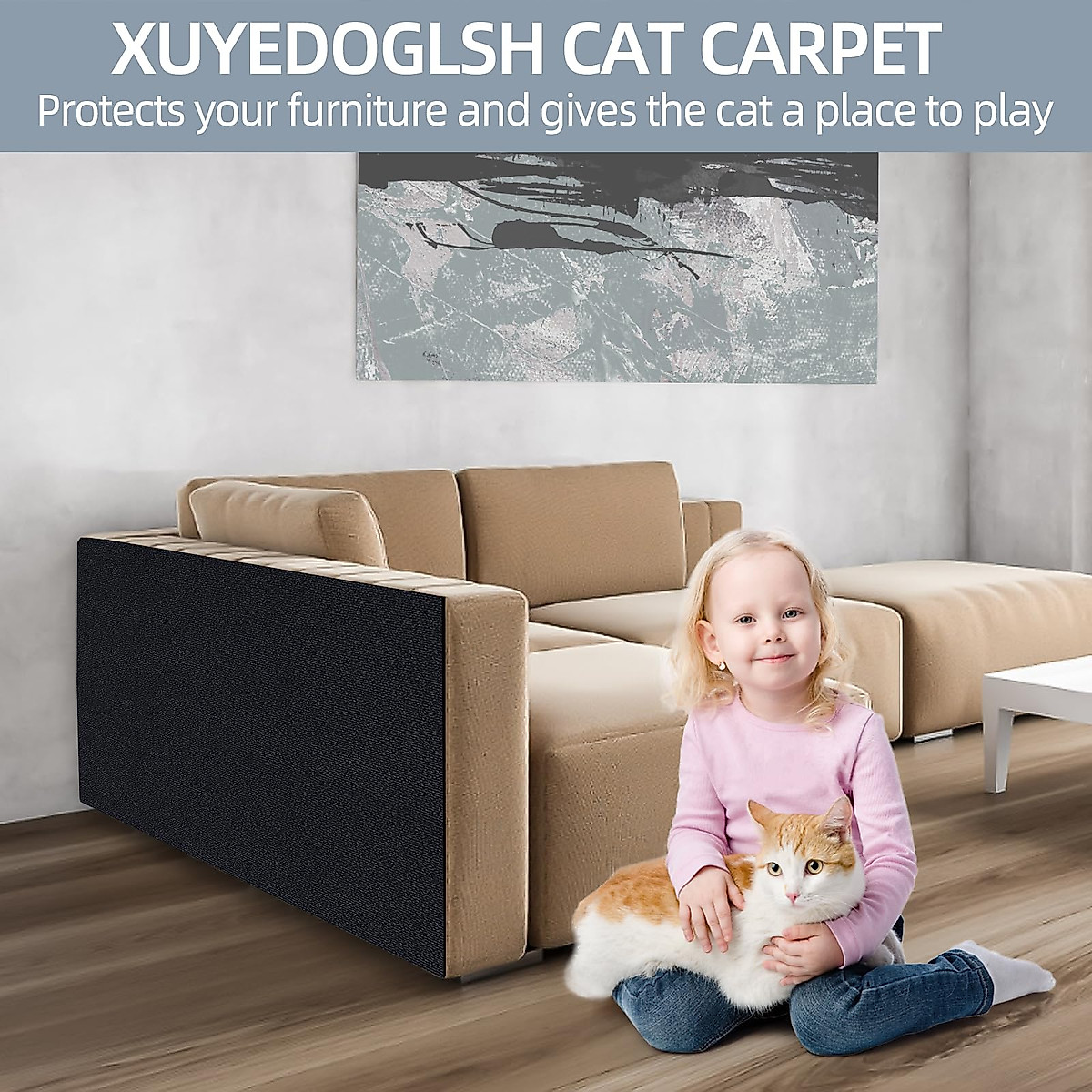 XUYEDOGLSH Cat Scratch Mat，Cat Scratch Carpet Trimmable Self-Adhesive Cat Scratch Pad,Decorative Cat Tree Shelf，Cat Wall，Cat Scratching Post,Cat Couch Protector 78.7"x15.8"(Black)