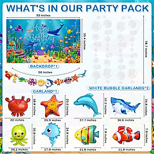 Under the Sea Party Decorations 98Pcs, Ocean Theme Birthday Party Supplies Include Backdrop Tablecloth Bubble Garlands Cake Topper Ocean Animals Balloons for Pool Beach Party Baby Shower (Ocean-01)