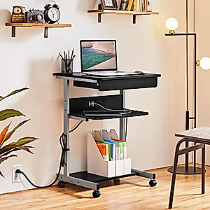 Yaheetech 22 in Laptop Computer Table Home Office Desk with Power Outlet for Small Space, Mobile Compact Corner Desk with Charging Station and USB Ports on Wheels, Student Writing Desk Table, Black