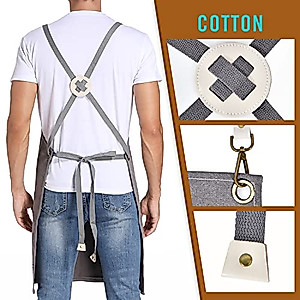SHAWNTOO Chef Aprons for Men Women with Large Pockets, Cotton Canvas Cross Back Heavy Duty Adjustable Work Apron,Kitchen Cooking M-XXL