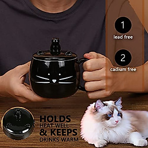 Koolkatkoo 16OZ Cute Cat Coffee Mug with Cell Phone Holder Lid for Cat Lover Unique Ceramic Black Mugs Tea Cup Gift for Women