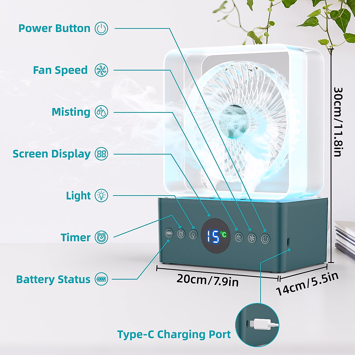 DINGBAI Portable Air Conditioner Fan,Camping Fan,Water-Cooled Fan,Misting Fan,Internal Battery,3 levels of speed,5 light Modes,Indoor Thermometer,1-8H Timer,Fan for Outdoor Bedroom Home Office Desktop