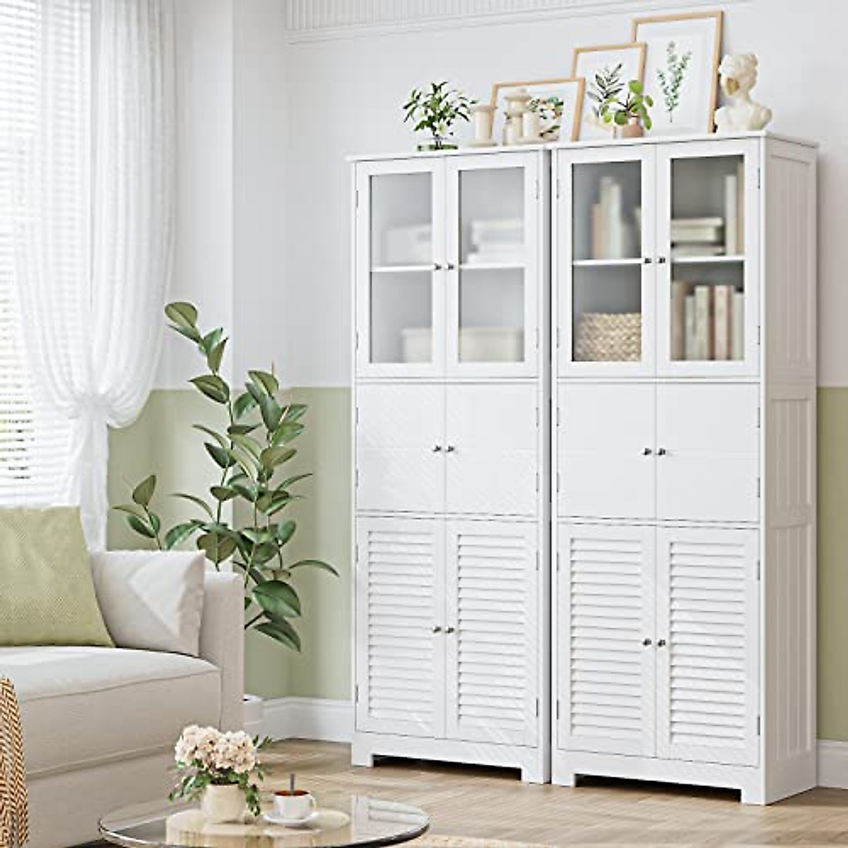 HOSTACK 67” Tall Kitchen Pantry Cabinet, Bathroom Storage Cabinet with Glass Doors and Shelves, Freestanding Floor Cabinet Cupboard for Bathroom, Living Room, Home Office, White