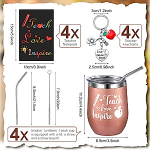12 Pcs Teacher Appreciation Week Gifts in Bulk for Women, Teach Love Inspire Tumbler Set 12 oz Wine Cup with Mini Journal Notepads Keychains Teachers Day Gifts Graduation Retirement Gifts(Rose Gold)