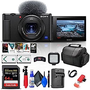 Sony ZV-1 Digital Camera (Black) (DCZV1/B) + 64GB Memory Card + Corel Photo Software + NP-BX1 Battery + Card Reader + LED Light + HDMI Cable + Deluxe Soft Bag + Charger + Flex Tripod + More (Renewed)