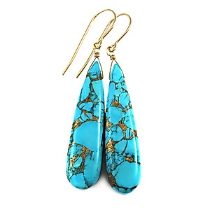 14K Yellow Gold Blue Turquoise 2-1.4" Earrings with Coppery Mosaic Veining Long Large Simple Dangle Drops