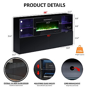 LUXOAK Fireplace TV Stand for TVs up to 75", Modern High Gloss Entertainment Center with 40" Fireplace, 4 Shelves & Storage Cabinets, Media Console Table 68 Inches, Black