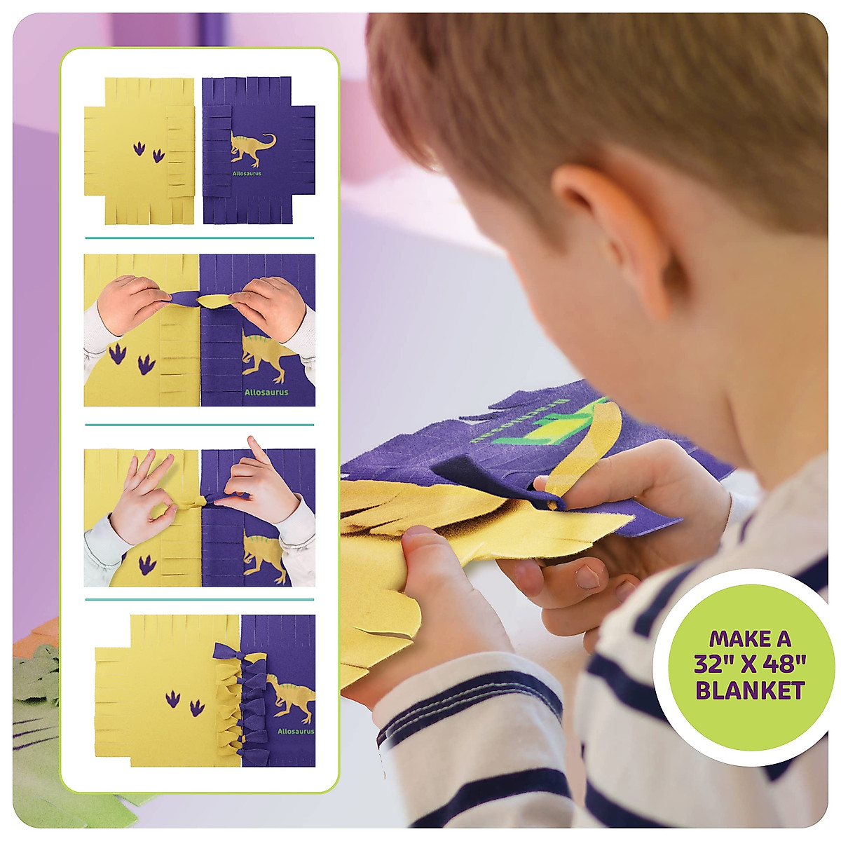 Dinosaur Tuck N' Tie Fleece Blanket Kit - DIY Crafts for Kids Ages 6+ Year Old - Best Arts & Craft Girl Easter Gifts Ideas - No Sew Quilt Blanket Making Kits - Girls Dino Gift - Crafting & Sewing Toys