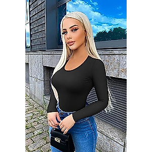 OQQ Women's 2 Piece Long Sleeve Shirt Round Neck Stretch Fitted Underscrubs Layer, Black,coffee, Small