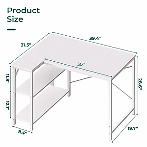 Huuger L Shaped Desk, 39 Inches Computer Desk with Reversible Storage Shelves, Gaming Desk, Corner Desk Home Office Desks, Writing Desk Study Desk with Metal Frame, White