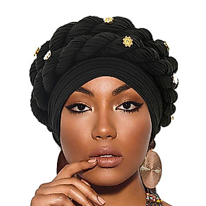 Urieo African Turban Head Warp Twisted Braid Headwarp Soft Pre-Tied Head Cover Flower Headscarf for Women