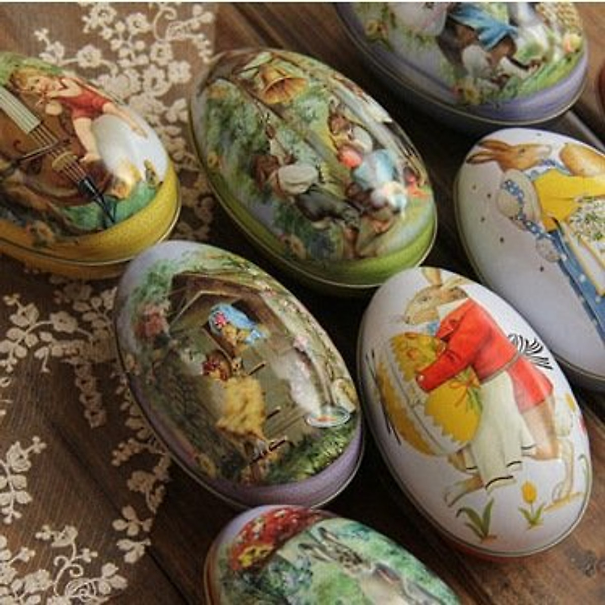 JANIUS Set of 8 Pieces Painted Eggshell Style tin Box for Easter