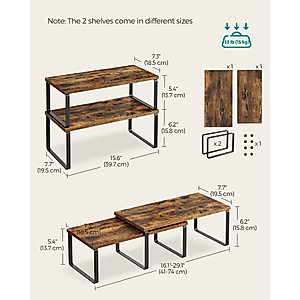 SONGMICS Cabinet Organizer Shelf, Set of 2 Kitchen Counter Shelves, Kitchen Storage, Spice Rack, Stackable, Expandable, Metal and Engineered Wood, Ink Black and Rustic Brown UKCS200X01