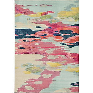 Unique Loom Estrella Collection Light Colors, Abstract, Modern, Vibrant Area Rug, 7 ft x 10 ft, Pink/Ivory