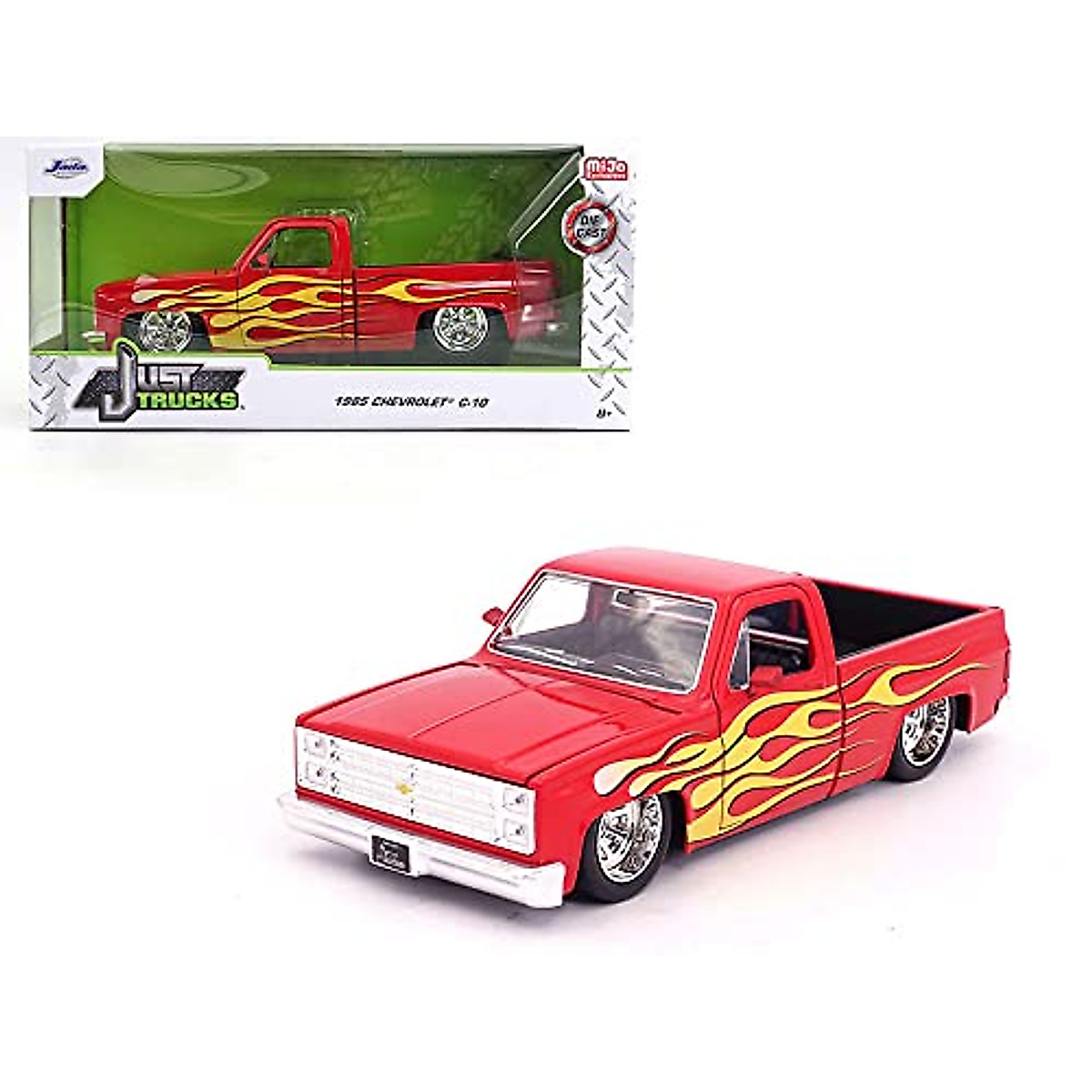 1985 Chevy C10 Pickup Truck Red with Flames Just Trucks Series 1/24 Diecast Model Car by Jada 34316