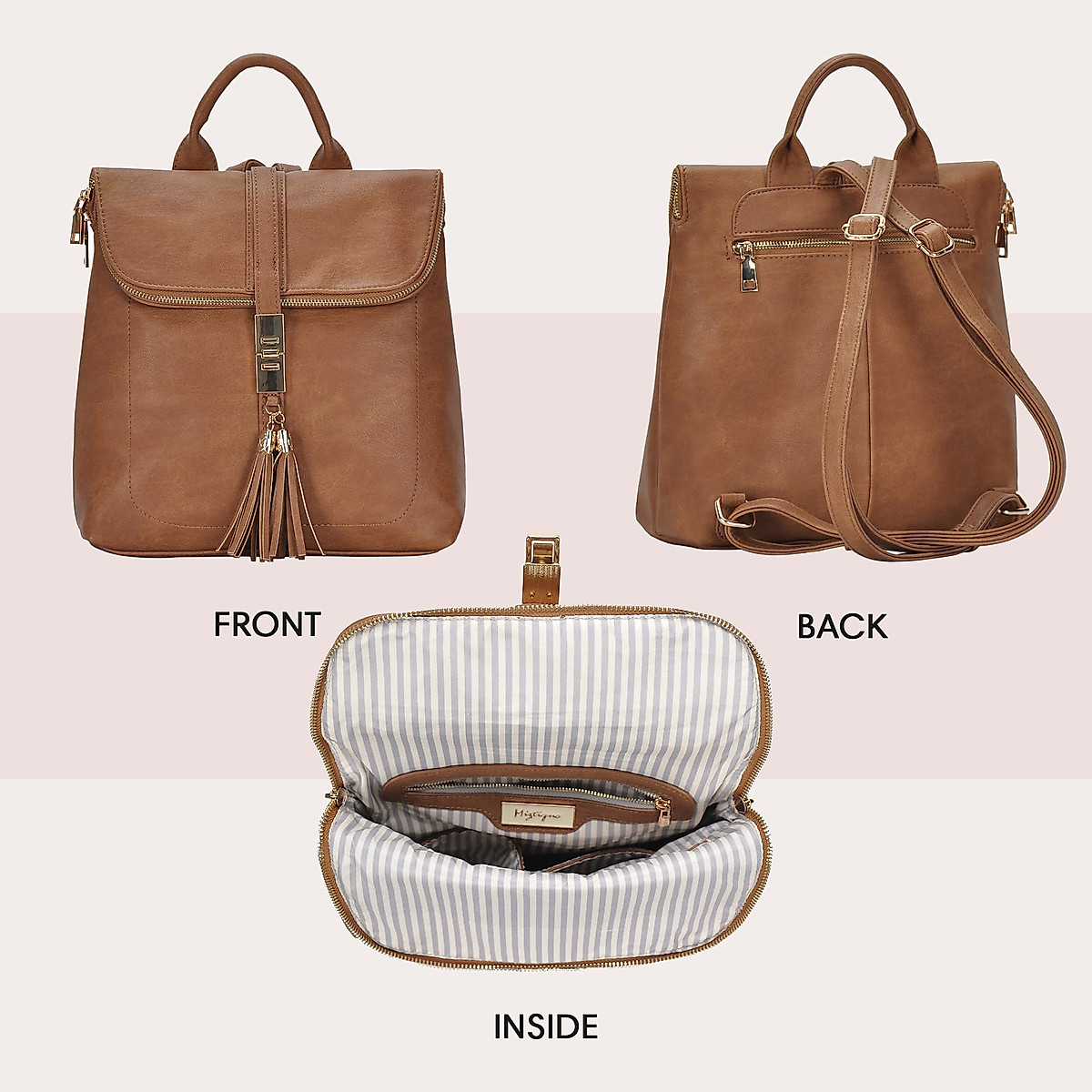 Miztique The Diana Backpack Purse for Women, Flap Over Tote Bag, Soft Vegan Leather - Tan