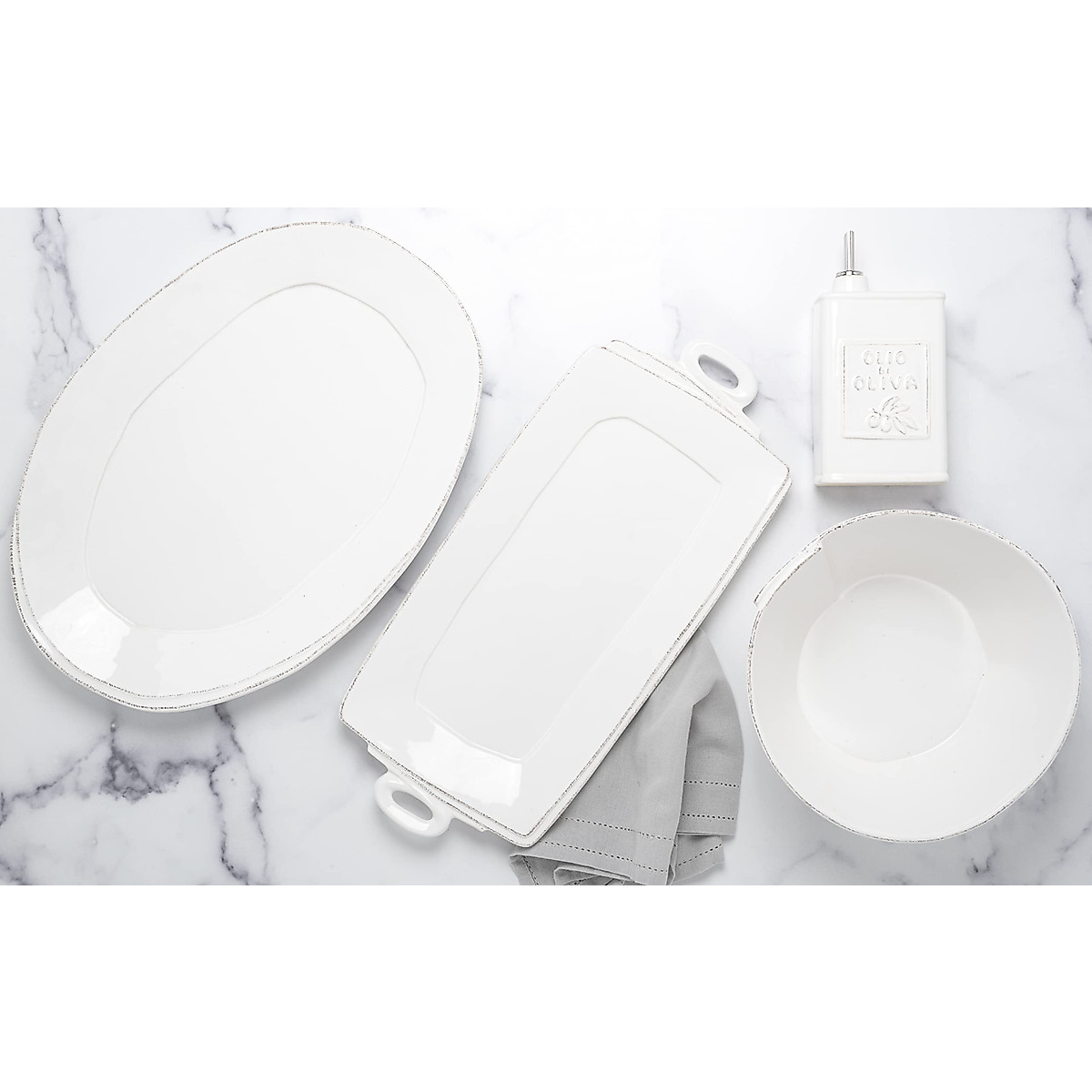 Vietri Lastra White Collection Italian Serveware Sets (Handled Rectangular Platter)