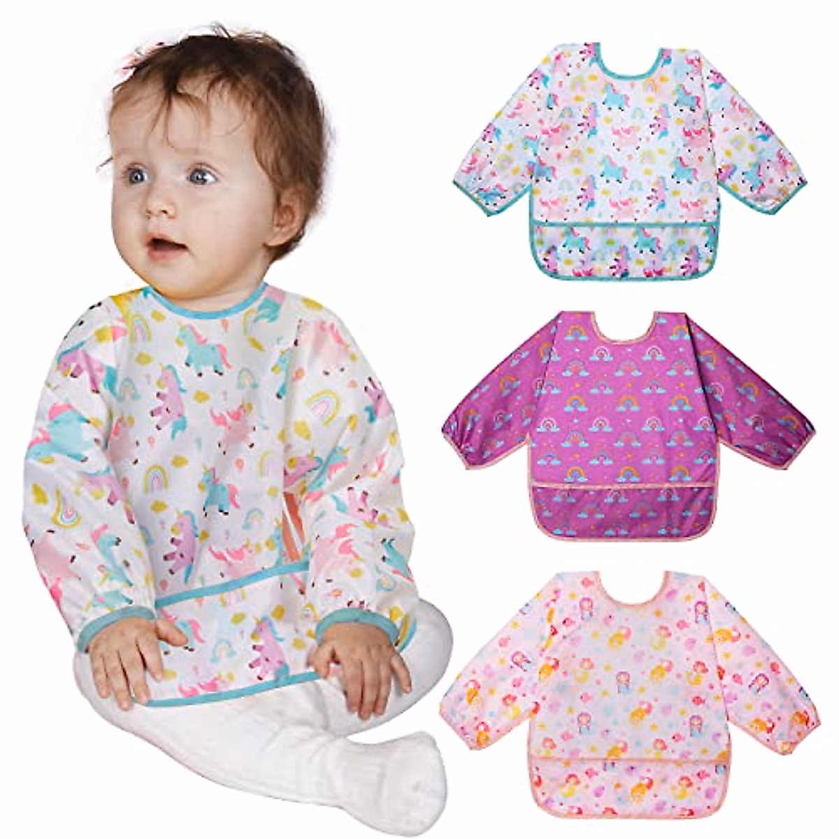 Lictin 3 Pack Baby Bibs for Boy or Girl, Cute Long Sleeve Bib, Waterproof Bibs for Toddlers,Adjustable Closure Baby Smock, Mess Proof Baby Bib, 6-24 Months Reusable Infant Baby Bibs