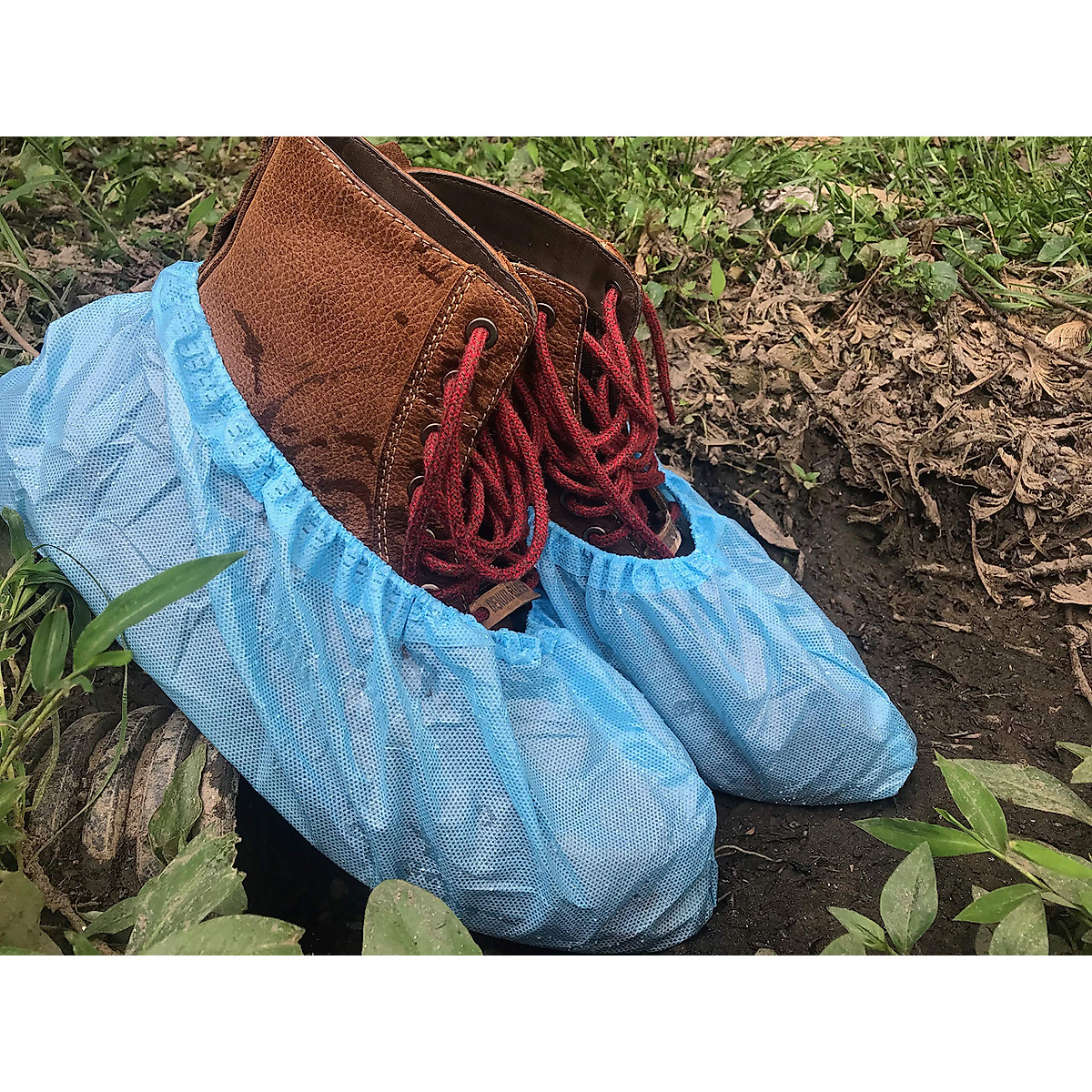 G & F Products X-Large WaterProof Premium 100 Pack (50 Pairs) Disposable Boot & Shoe Covers - Durable, Non-slip, Non-toxic, Recyclable, Blue, Stretchable Fits US Men Size 11 and UP