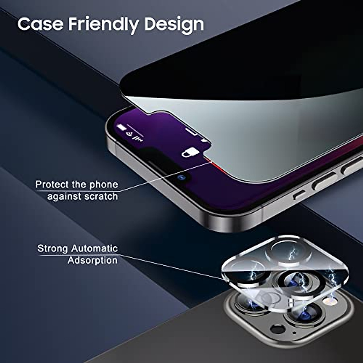 UniqueMe Compatible with iPhone 13 Pro Max Privacy Screen Protector, Tempered Glass and Camera lens Protector, Anti Spy [Easy Installation Frame] Bubble Free Case Friendly 2+2 Pack