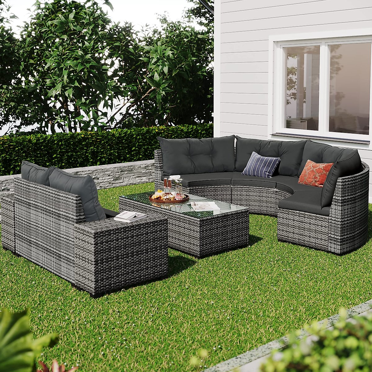 Merax 8-Pieces Outdoor Wicker Round Sectional Curved Sofa Set with Rectangular Coffee Table, PE Rattan Water-Resistant and UV Protected, Movable Cushion, Half-Moon Style, Grey_8Pcs