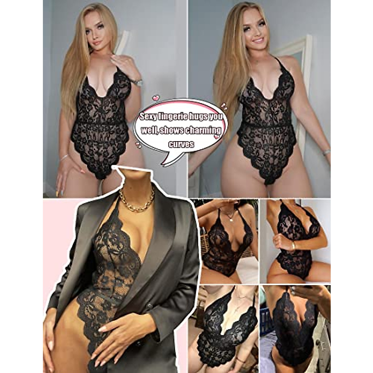 Avidlove Womens Sexy Lingerie Deep V-Neck Lace Bodysuit Bridal Naugthy Teddy Lingerie Body Suits Tops Outfits Black S