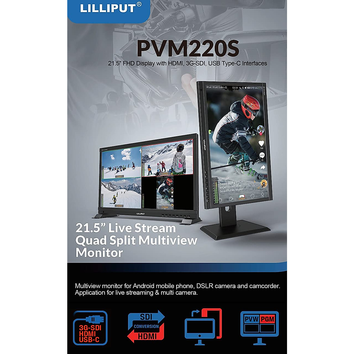 LILLIPUT Lilliput Live Stream Monitor 21.5 inch Quad Split Multi View IPS 1920x1080 HDMI 3G-SDI PVM220S Type-C Input Video Assist