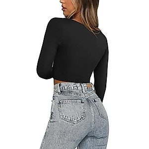 REORIA Women's Fall Sexy Casual Deep V Neck Double Lined Long Sleeve Tight Tops Tees Slim Fitted Cute Y2K Trendy Going Out Party Crop Top Black Large