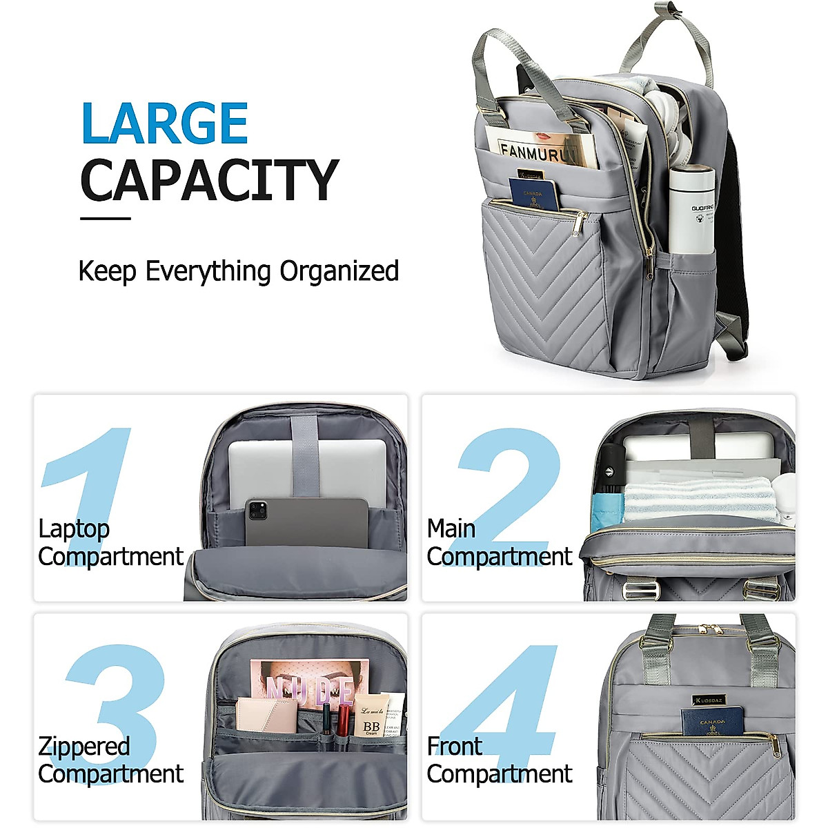 Travel Backpack for Women, 17.3 Inch Quilted School Laptop Bag, Large Back Pack Purse with USB Port, Work Business Teacher Computer Bag College Bookbags Casual Daypacks, Gray