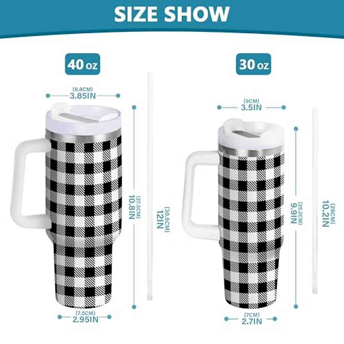 MCHIVER Black White Buffalo Plaid Tumbler with Lid and Straw 40 oz Insulated Water Bottle Leakproof Tumblers for Smoothie Coffee Water