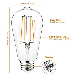 PARTPHONER LED Light Bulbs Dimmable Vintage Edison Bulb, E26 LED Bulb 60W Equivalent 720 Lumens, Warm White 2700K, ST58 Antique LED Filament Bulb CRI 85+, Clear Glass, Pack of 4