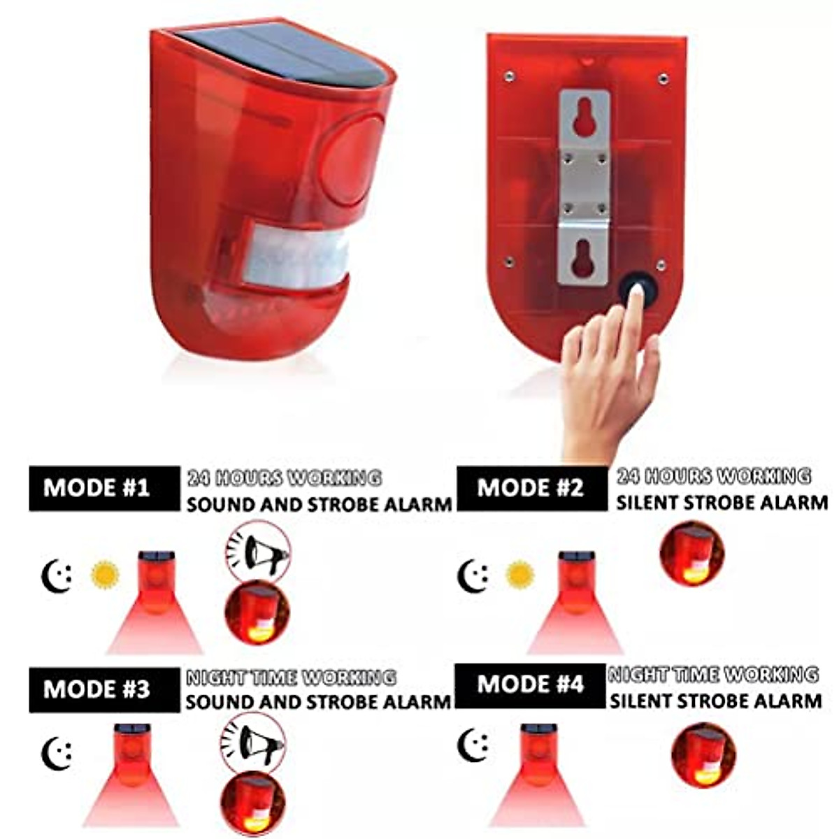Aolyty Solar Motion Sensor Detector Alarm Lights LED Warning Strobe Flashing Light with 110dB Sound IP65 Waterproof 4 Work Modes Solar Security Siren Light for Home Warehouse Farm Yard (Red)