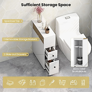 Giantex Small Bathroom Storage Cabinet - Slim Bathroom Organizer with Wheels, 2 Drawers, 2 Baskets, Brush Holder, Over The Toilet Storage Cabinet for Skinny Corner, Narrow Spaces Bathroom Storage