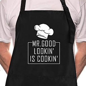 Rosoz Funny BBQ Black Chef Aprons for Men, Mr Goodlookin' is Cookin', Adjustable Kitchen Cooking Aprons with Pocket Waterproof Oil Proof Father’s Day/Birthday