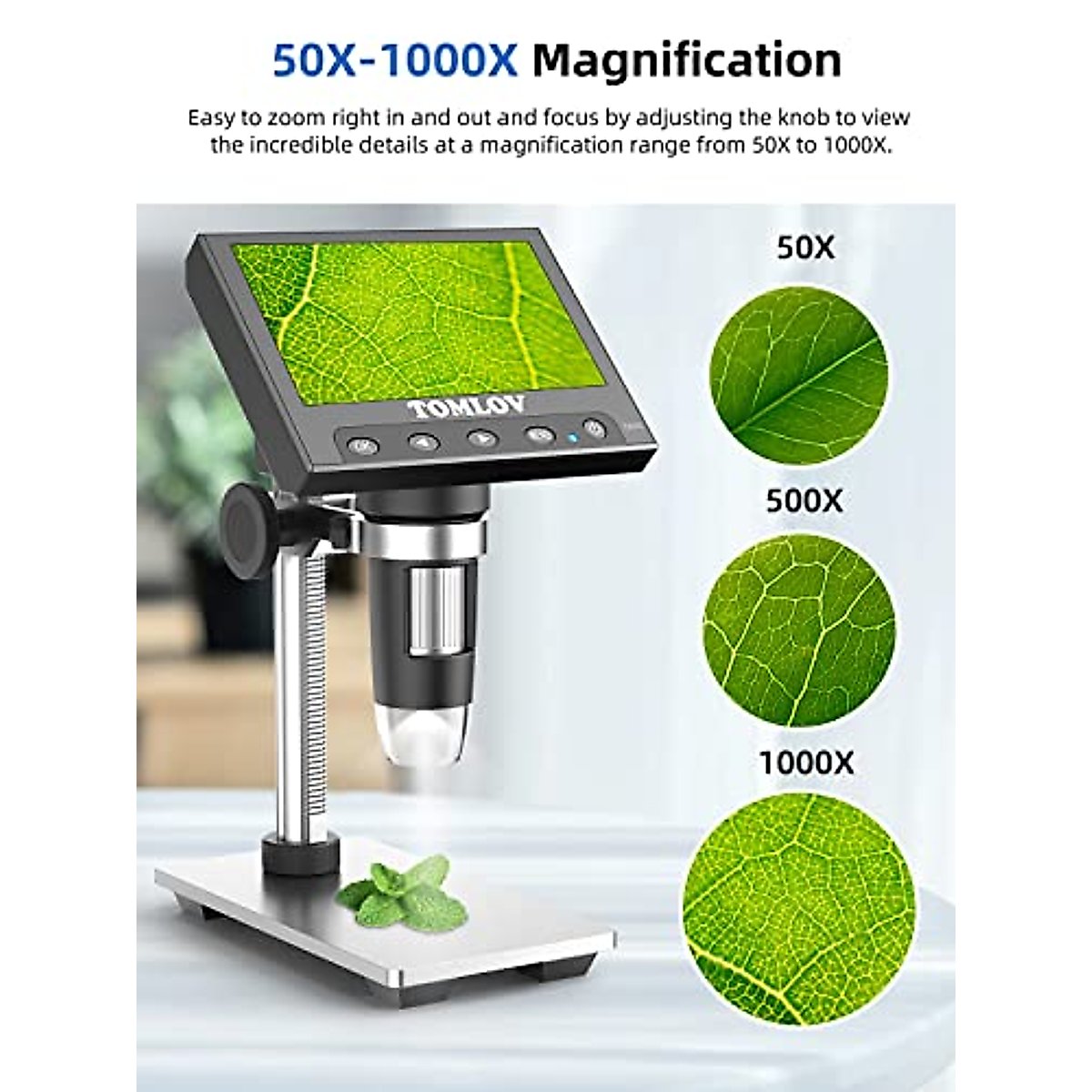 TOMLOV DM4 Coin Microscope 1000X with 4.3" Screen, 720P LCD Microscope with Metal Stand, 8 Adjustable LED Lights, PC View for Kids Adults, Windows Compatible, 32GB TF Card Included