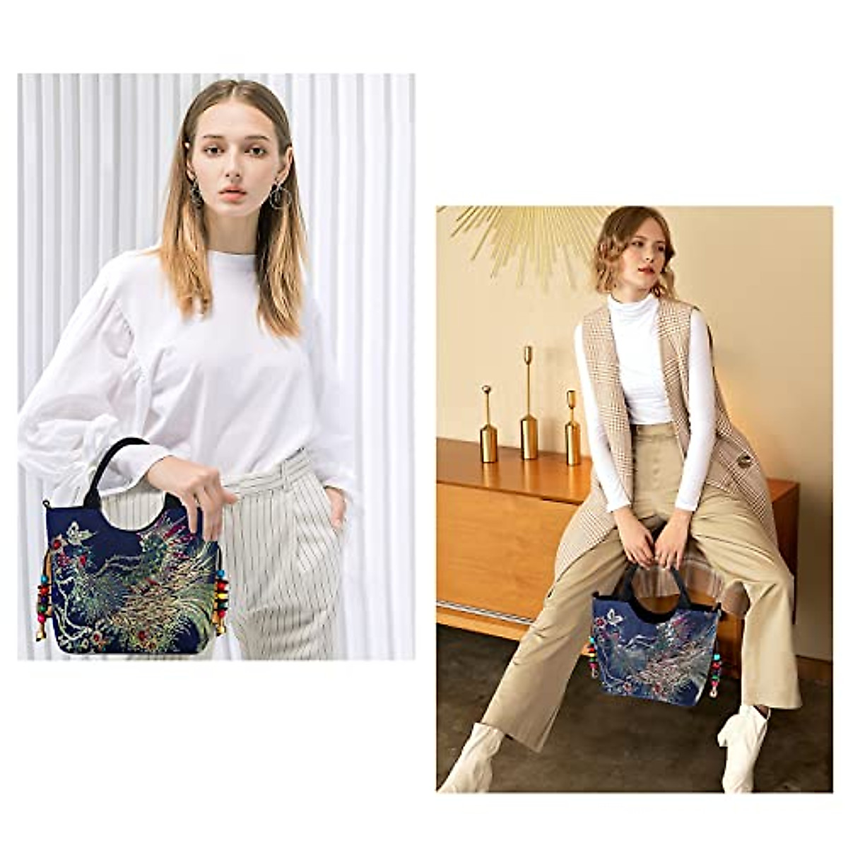 Mumu Doceiog women bags vintage handbags with peacock sequins double side embroidered for ethnic travel casual boho tote bag with stylish pendant perse consuela shoulger bag.(blue)