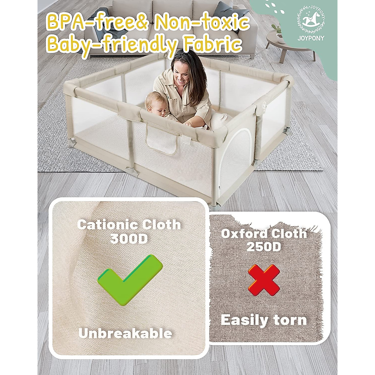 Joypony Baby Playpen, (50x50x27inch) Large Playpen for Babies and Toddlers, Sturdy Safety Play Yard for Infant, Indoor & Outdoor Play Pen with Gate, Baby Fence with Soft Breathable Mesh, Hand Rings