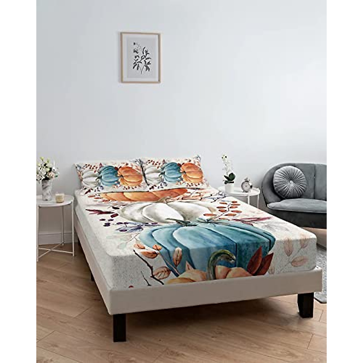 Fall Pumpkin Leaves on Burlap Fitted Bed Sheets Full Size Fit 5-16inch Deep Pockets,Luxury Bottom Sheet Bedding Set with Pillow Case,Thanksgiving Watercolor Plant Fitted Sheet for Mattress