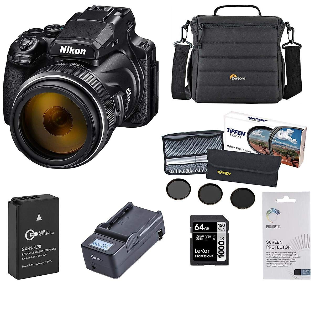 Nikon COOLPIX P1000 Digital Camera Bundle with Filter Kit, Memory Card, Bag, Battery Pack, Charger, Charger Plate, Screen Protector