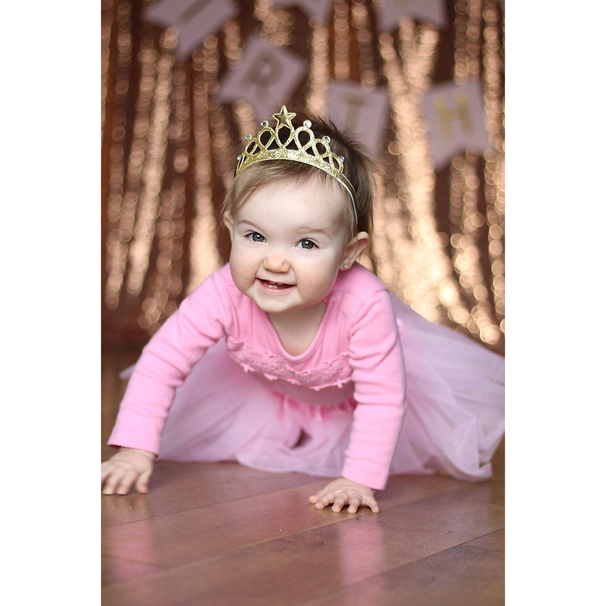 HONBAY 2PCS Baby Hair Accessories Baby Princess Crown Headband with Crystal and Star for 1 to 3 Years Old Baby, Gold and Silver