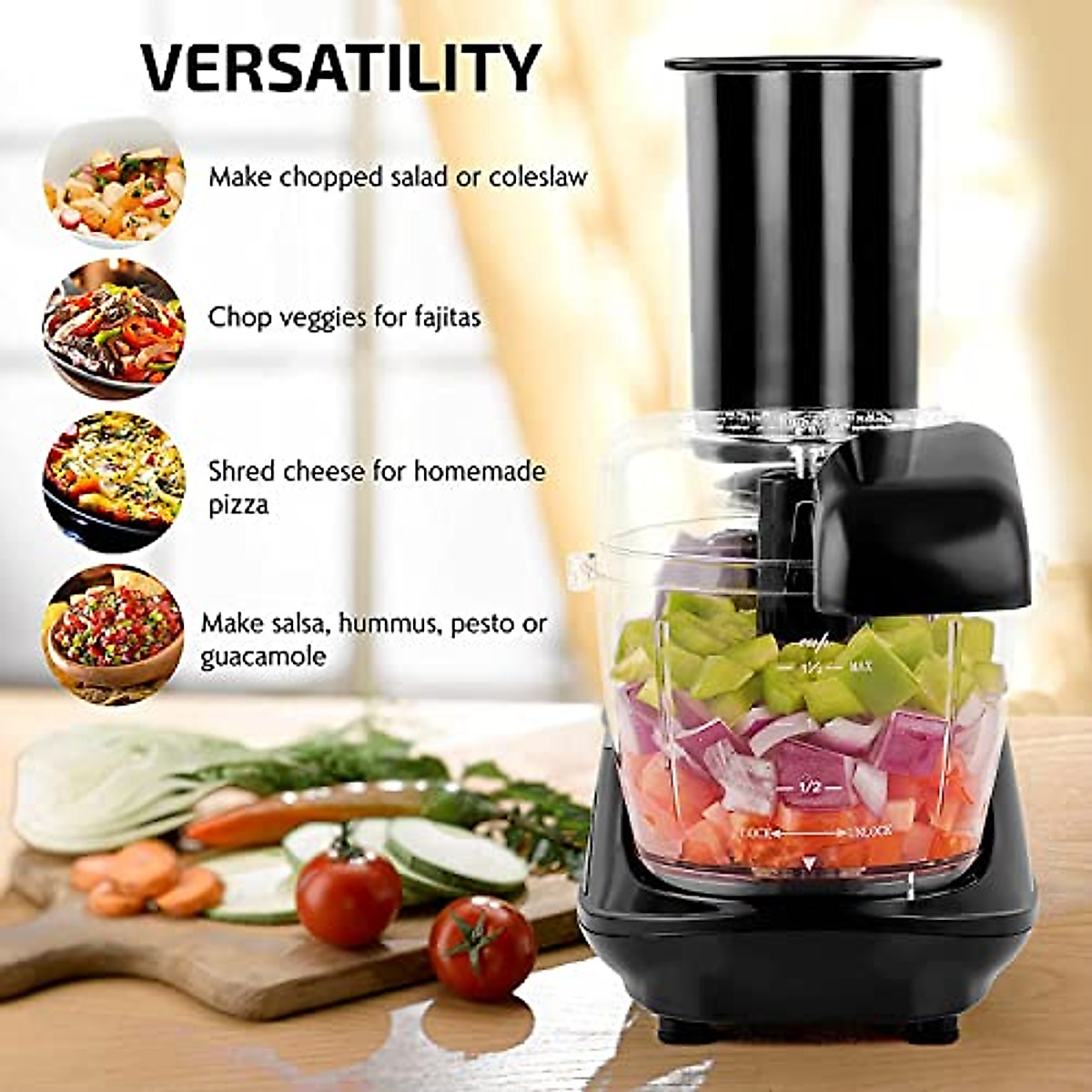 OVENTE Mini Electric Food Processor and Salad Vegetable Shake Mixer 1.5 Cup With Stainless Steel Blades Grater Slicer Chopper Juicer blenders and Emulsify Accessories Black PF1007B